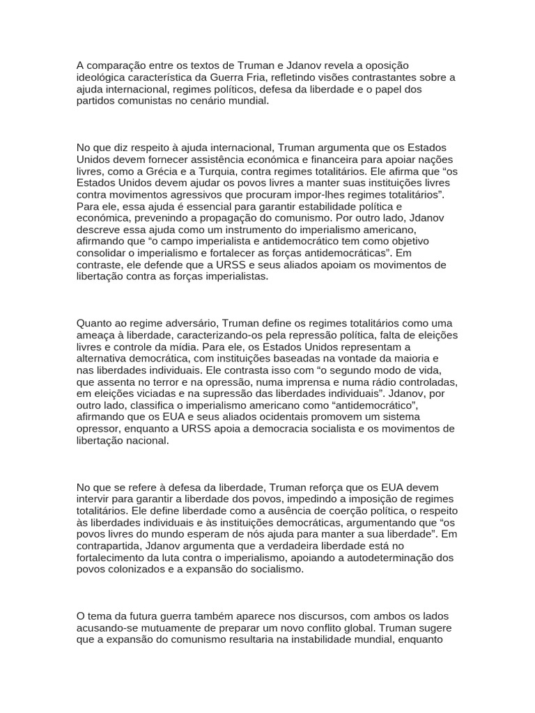 Conflito Ideológico: Truman vs. Jdanov | PDF | Democracia | Ideologias ...