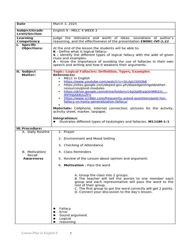 Lesson Plan Grade 9 - 3RD Week | PDF | Fallacy | Argument