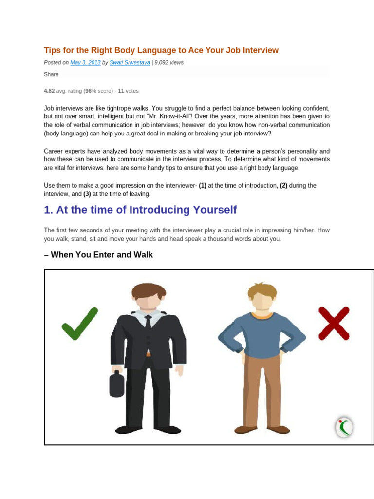 Tips For The Right Body Language To Ace Your Job Interview | PDF | Body Language | Human ...