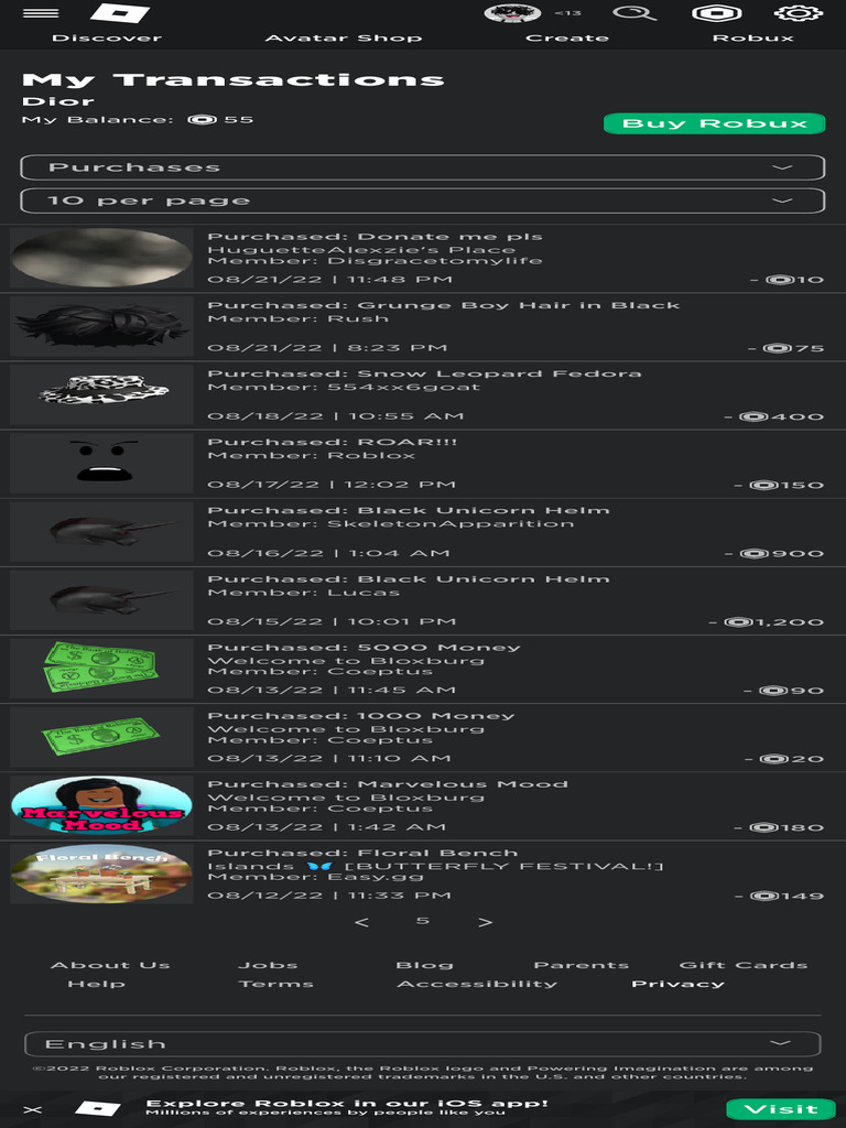 My Transactions - Roblox 2 | PDF