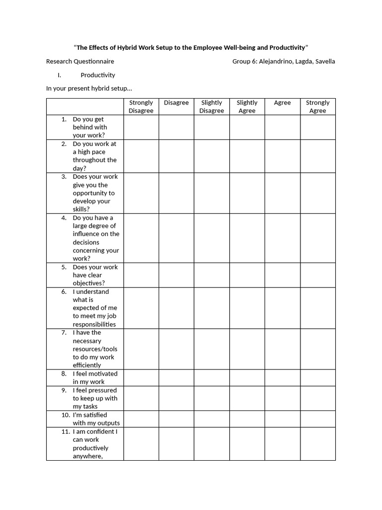Questionnaire - The Effects of Hybrid Work Setup To The Employee Well ...
