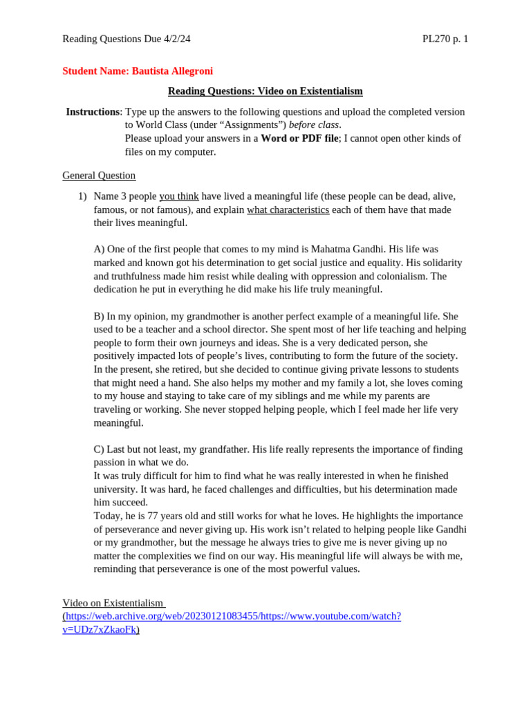 Reading Questions 17 Existentialism Video | PDF | Existentialism | Existence