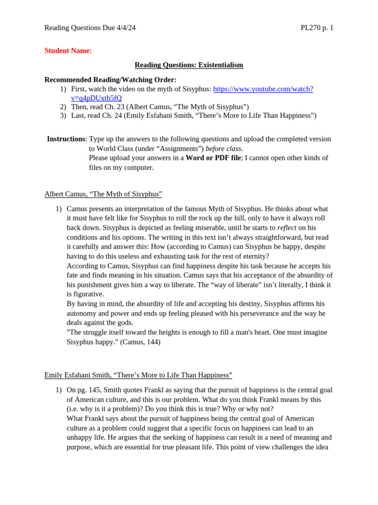 Reading Questions 18 Camus and Smith | PDF | Happiness | Albert Camus