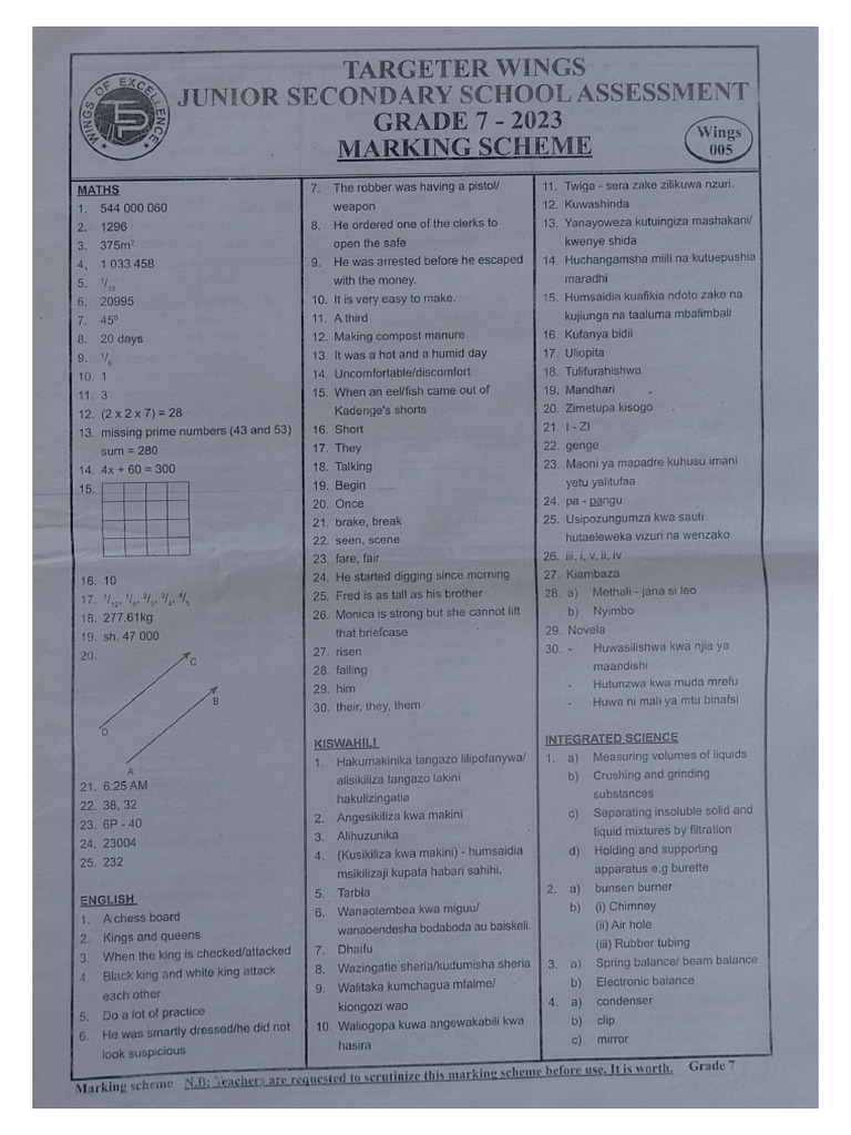 Grade 7 Marking Scheme Targeter 005 Exam | PDF