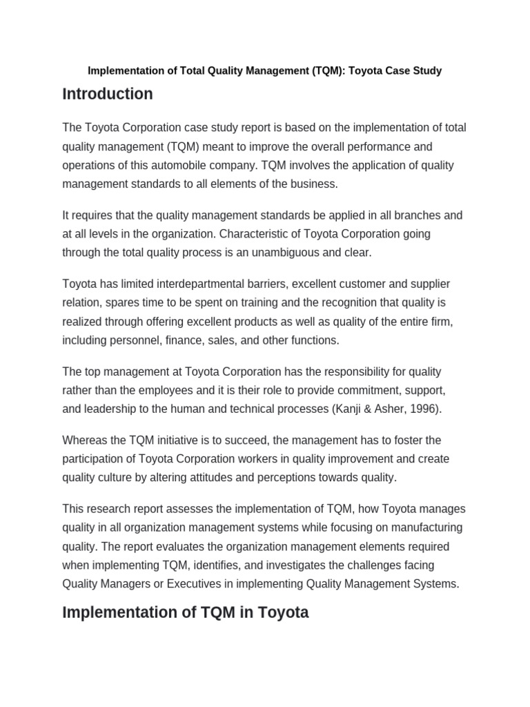 TQM Implementation in Toyota: A Case Study | PDF | Enterprise Resource Planning | Lean Manufacturing
