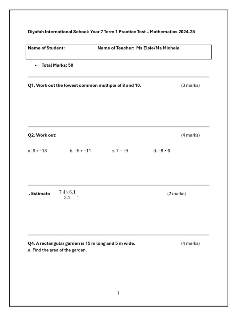 Year 7 Math Practice Test 2024-25 | PDF