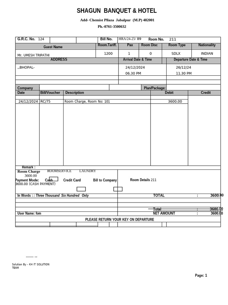 Hotel Bill Jabalpur | PDF