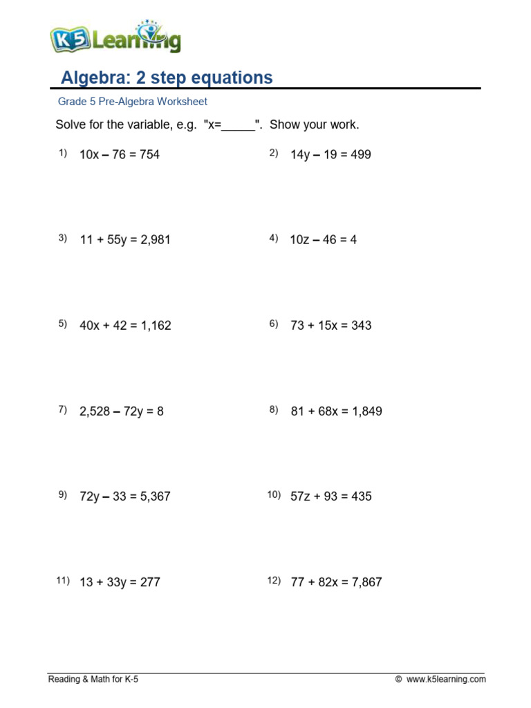 Grade 5 Two-Step Equation Practice | PDF