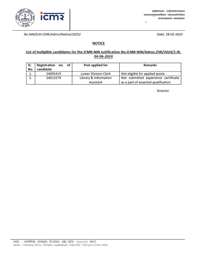 Notice List of Ineligible Candidates for the ICMR NIN Notification No ...