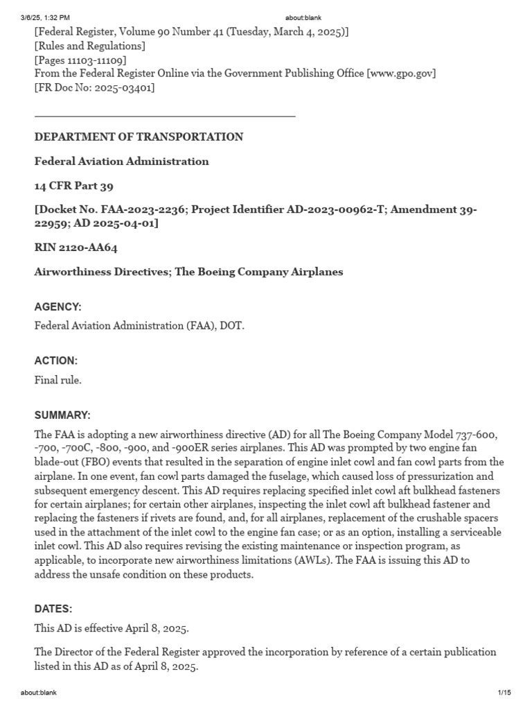 AD 2025-04-01 | PDF | Federal Aviation Administration | Aviation