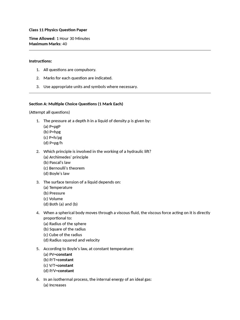Class 11 Physics Question Paper | PDF | Gases | Pressure