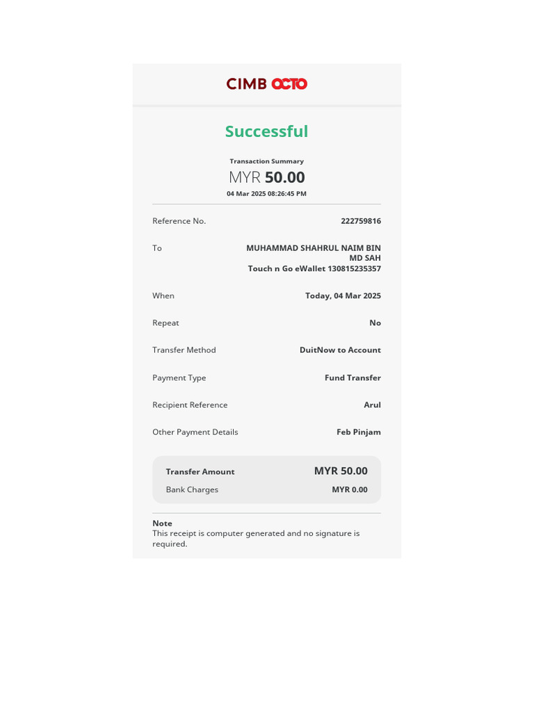 MYR 50 Fund Transfer Receipt Summary | PDF