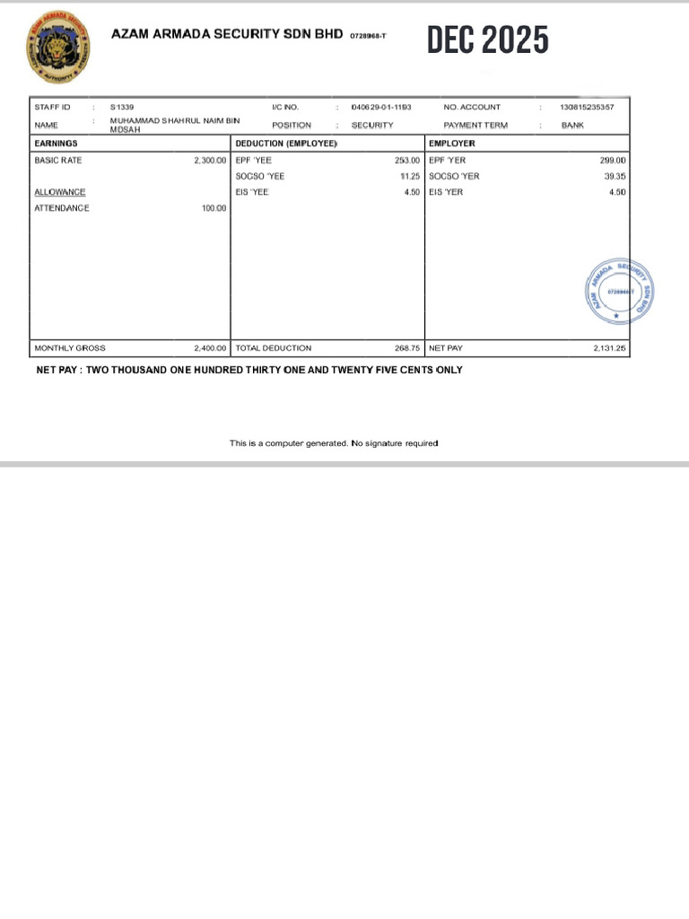 PAYSLIP DEC 2025 PDF | PDF
