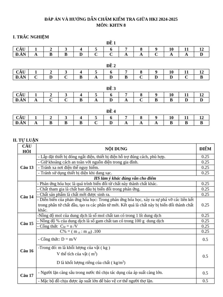 Đáp Án Gi A Hki KHTN 8 | PDF