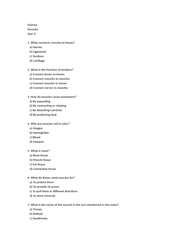 Year 4 Muscle Science Quiz | PDF | Arm | Muscle