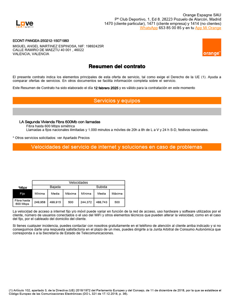 Contrato Fibra 600Mb con Llamadas Orange | PDF | Informática ...