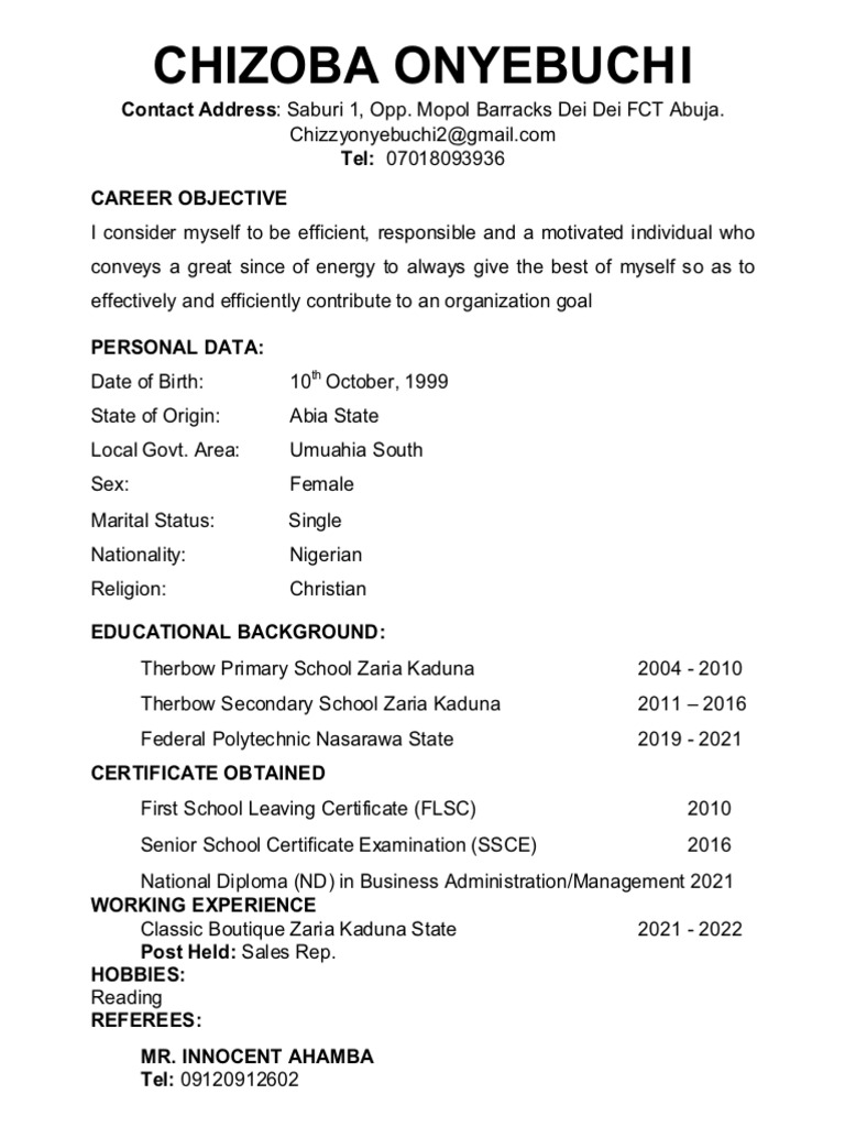Chizoba Onyebuchi CV 2 | PDF