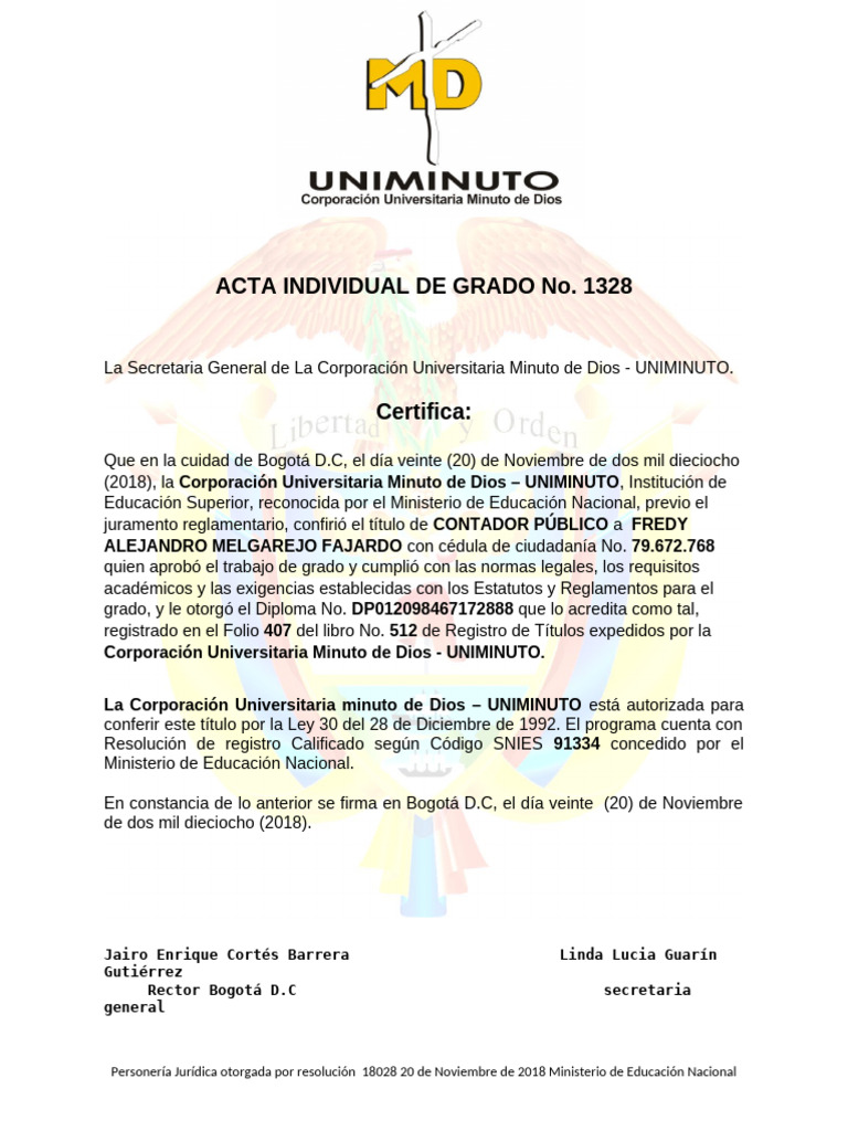 Acta de Grado Fredy Alejandro Melgarejo | PDF