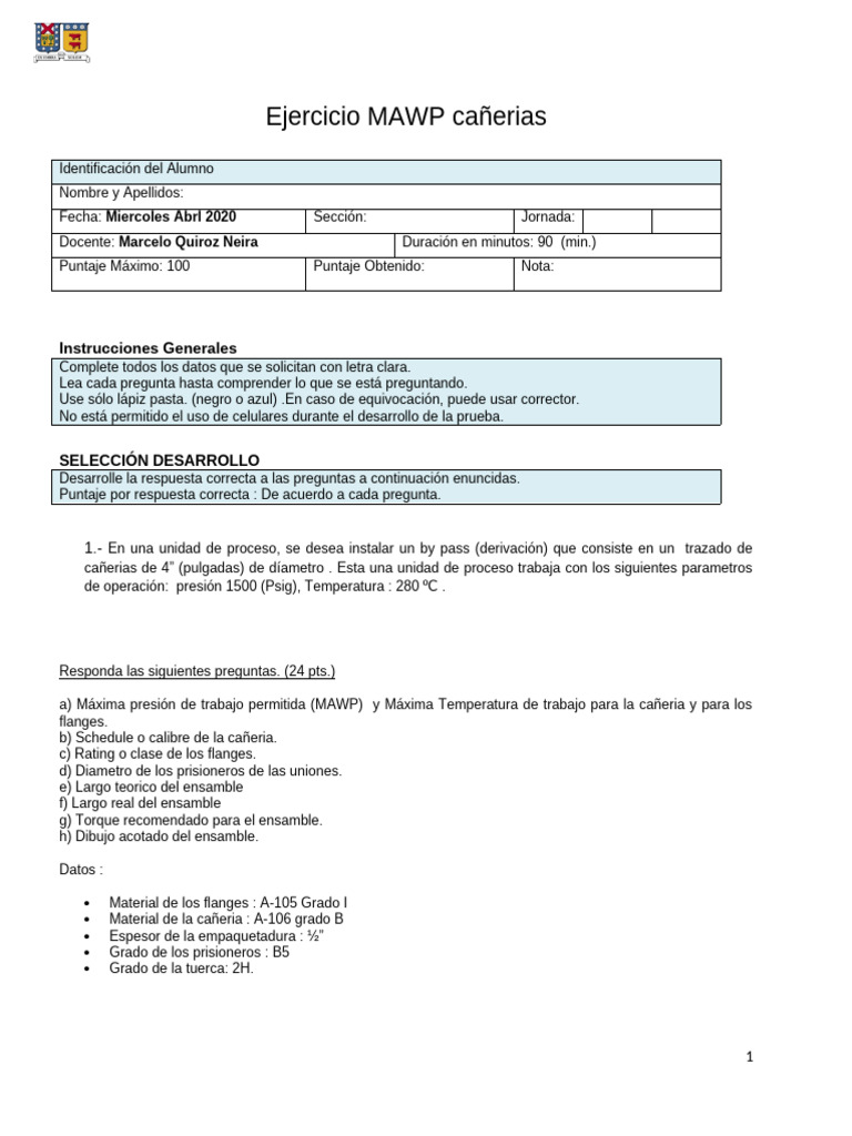 Ejercicio Cálculo MAWP Cañerias | PDF