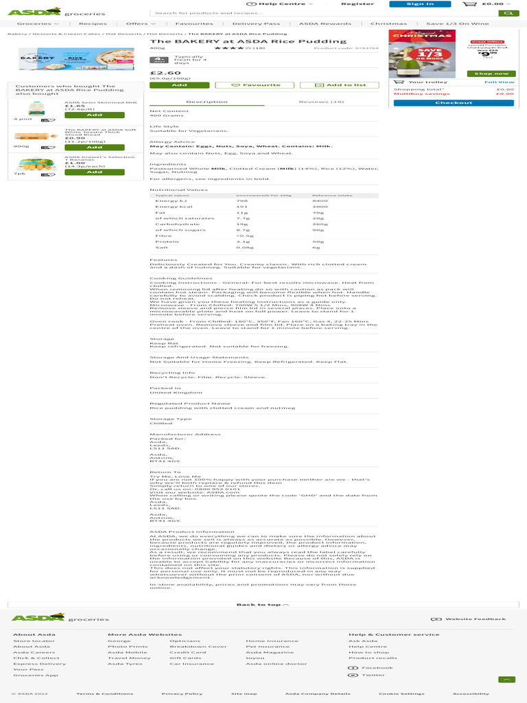 The BAKERY at ASDA Rice Pudding - ASDA Groceries | PDF | Pudding | Desserts