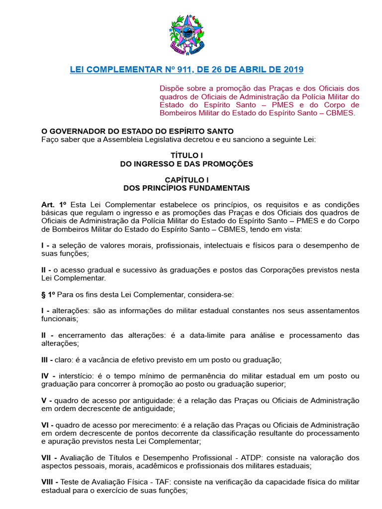LC N911.2019 - Promoção Das Praças e Dos QOA - PMES e CBMES | PDF ...