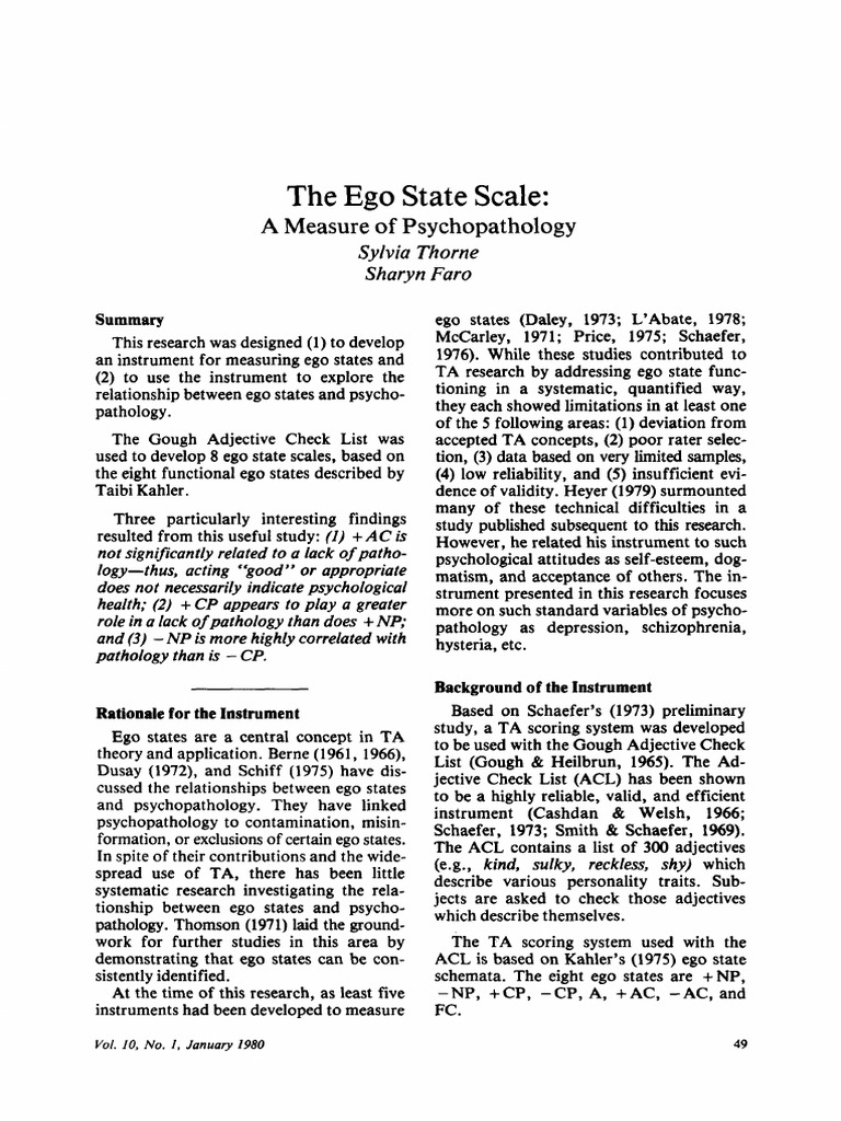 Thorne Faro 1980 the Ego State Scale a Measure of Psychopathology | PDF ...