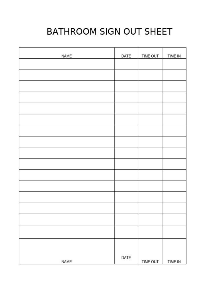 Bathroom Sign Out Sheet Word Template | PDF