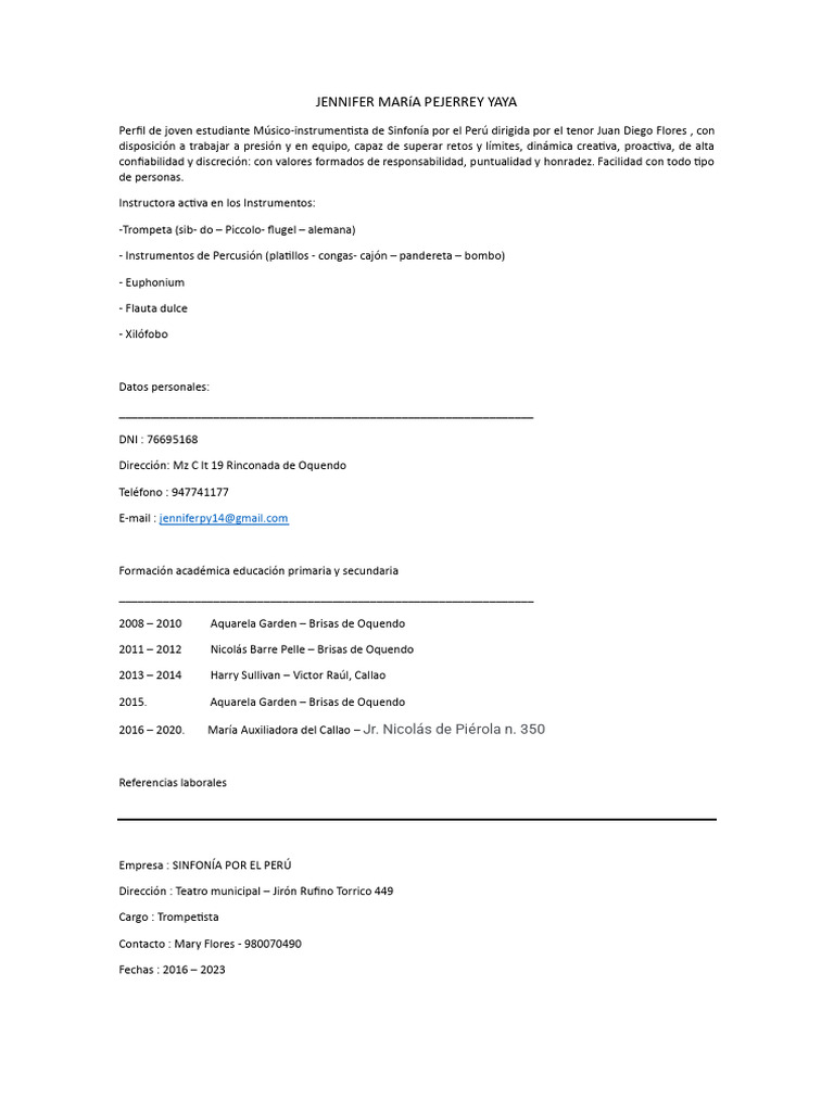 Jennifer María Pejerrey Yaya CV | PDF | Instrumentos musicales | Instrumentos de percusión