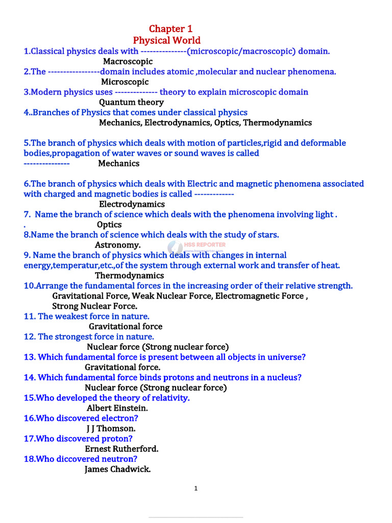 HSSRPTR - Plus One Physics Question Bank | PDF | Physics | Nuclear Physics