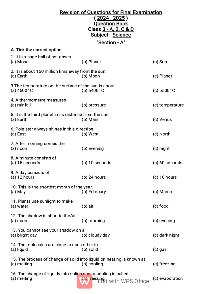 Question Bank, Science, Cl-3 | PDF | Liquids | Sun