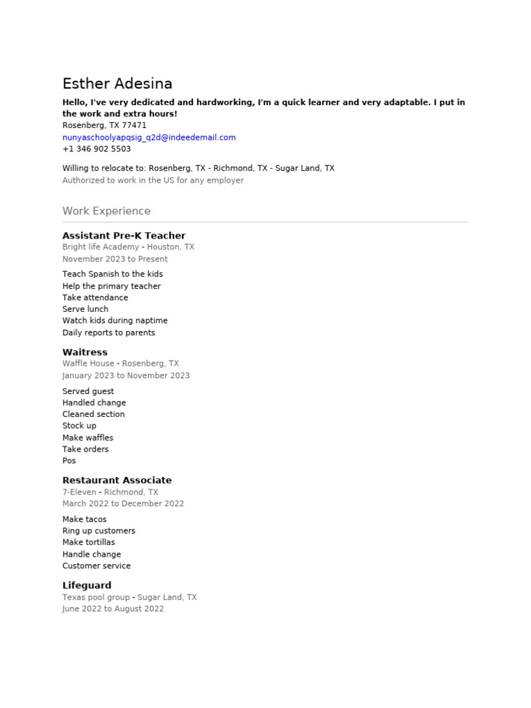 Esther Adesina's Work Experience & Skills | PDF