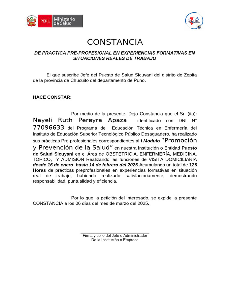 Constancia de Practicas Enfermeria | PDF