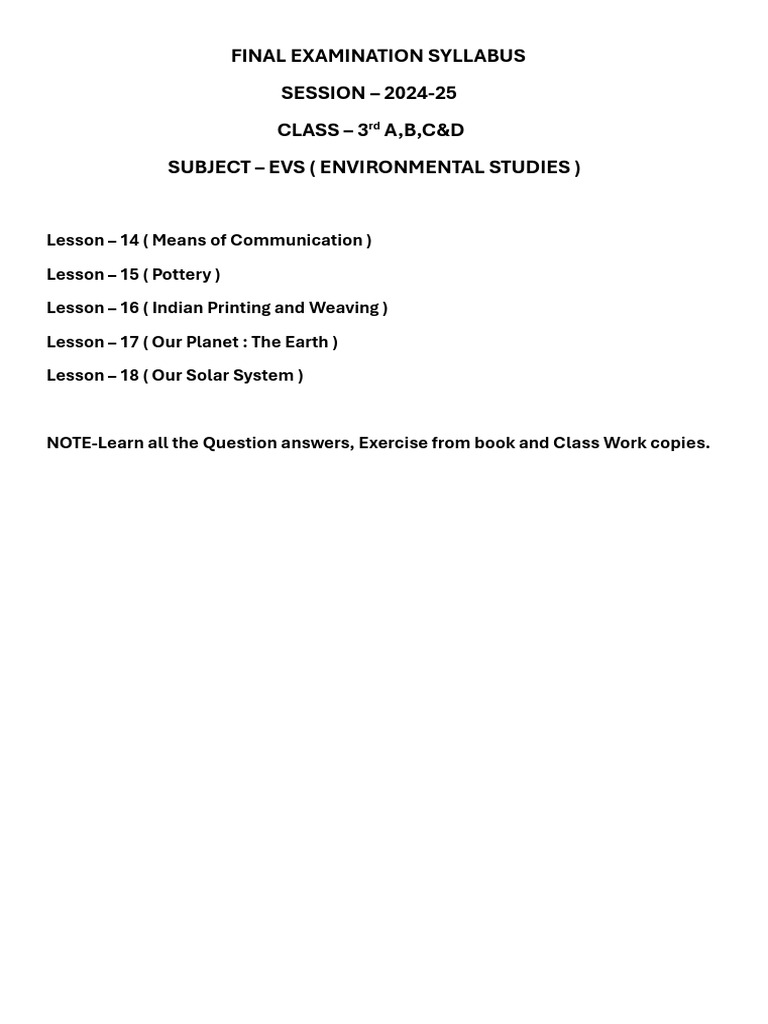 Class 3 EVS Final Exam Syllabus 2024-25 | PDF