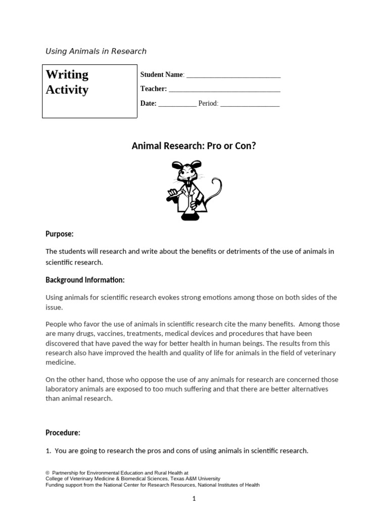 Animal Research Writing Activity | PDF | Animal Testing | Science