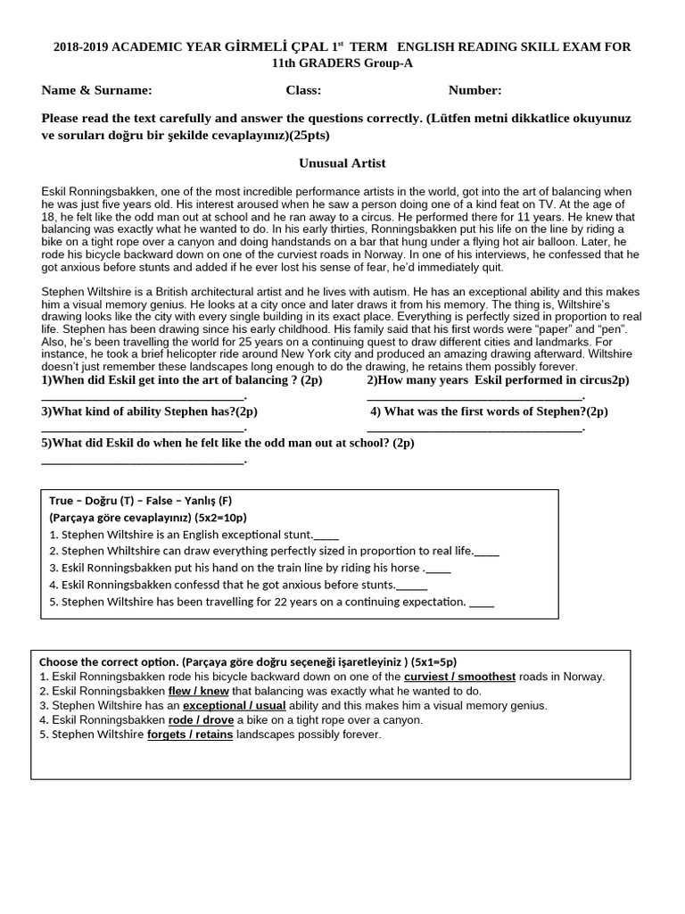 11th Grade English Reading Exam 2018-2019 | PDF