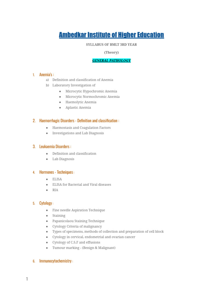 Syllabus of BMLT 3RD YEAR | PDF | Anemia | Blood Plasma