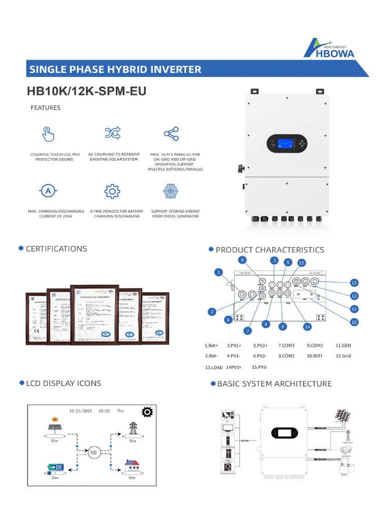 Datasheet For 10KW 12KW Hybrid Solar Inverter Single Phase Low Voltage From HBOWA NEW ENERGY 1 | PDF