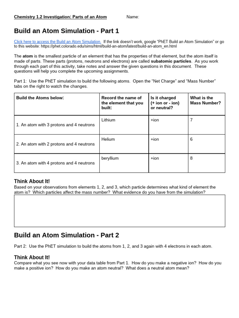 Chemistry 1.2 Investigation - Parts of An Atom (Updated) | PDF | Atoms ...