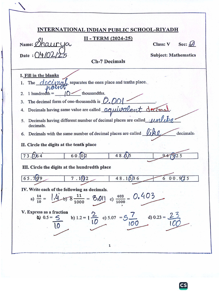 Grade 5 Answer Key CH 7 Decimals | PDF