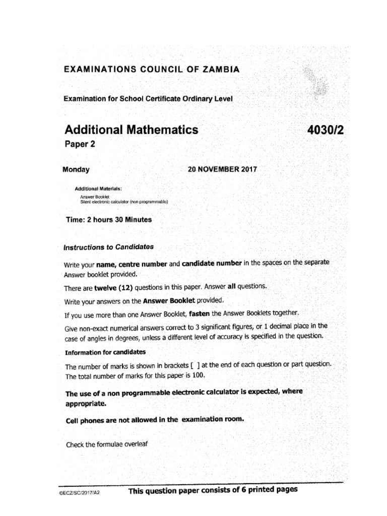 2017 Additional Mathematics Paper 2 Past Paper | PDF