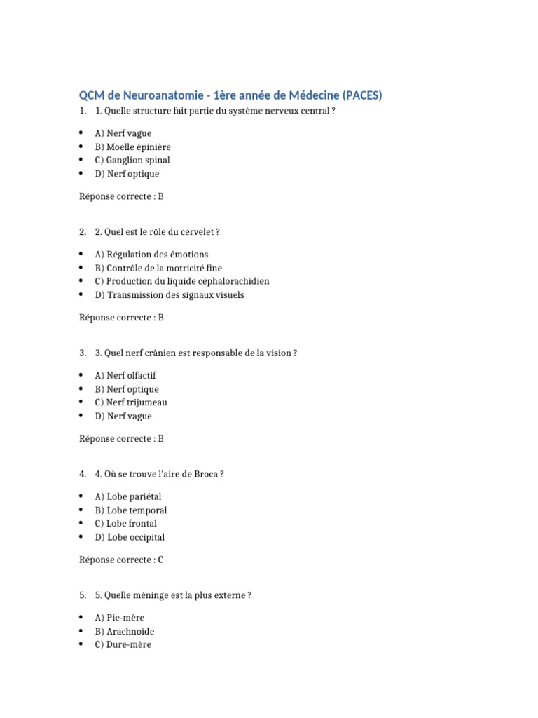 QCM de Neuroanatomie - PACES | PDF