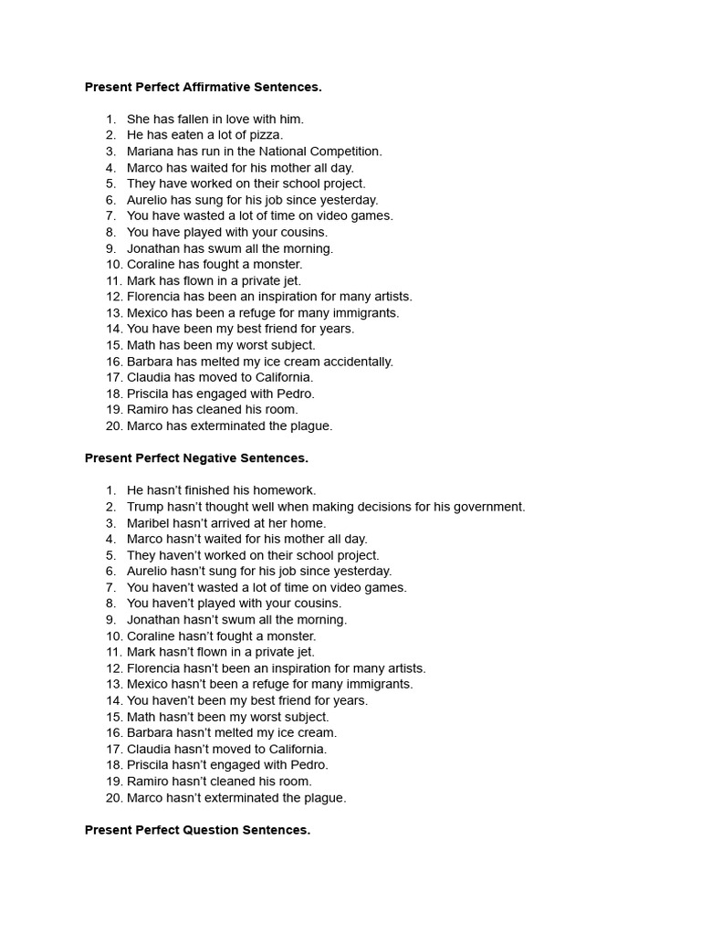 Present Perfect Sentence Examples | PDF