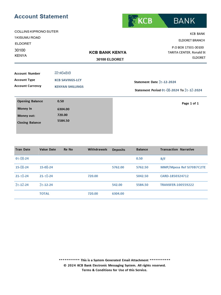 Personal Bank Statement KCB Bank | PDF