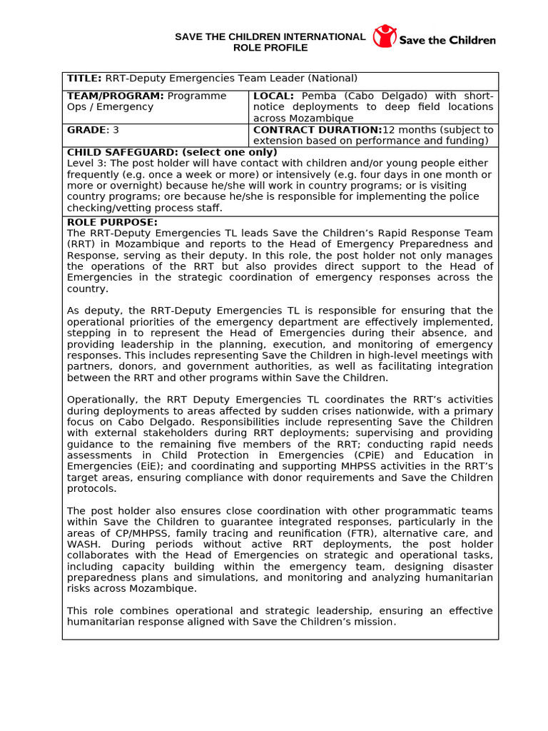 JD - RRT Deputy Emergency TL | PDF | Emergency Management | Capacity ...