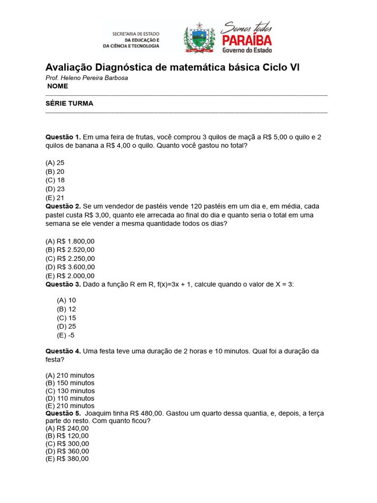 Prova de Matemática Básica Ciclo VL | PDF