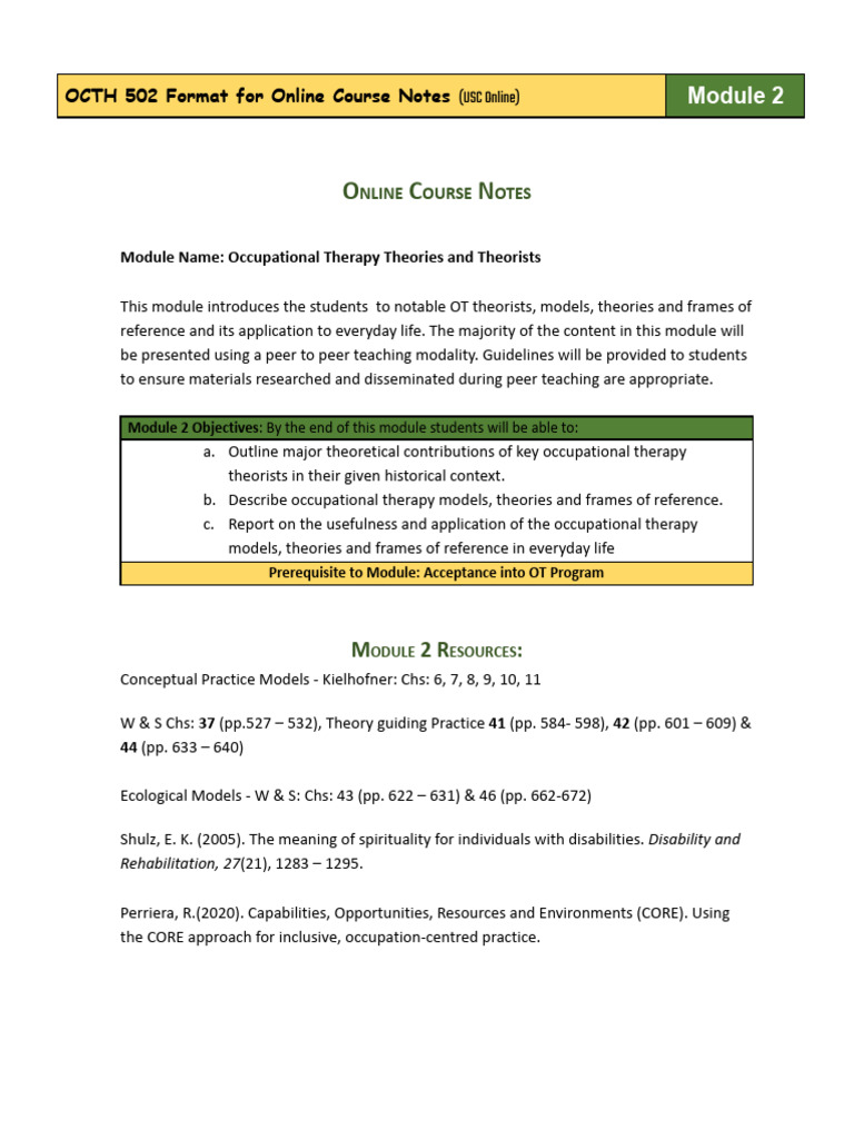 2024 OCTH 502 Course Notes - Module 2 | PDF | Occupational Therapy | Theory