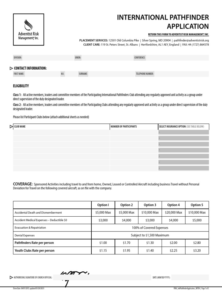 International Pathfinder Application Form | PDF | Insurance | Hand