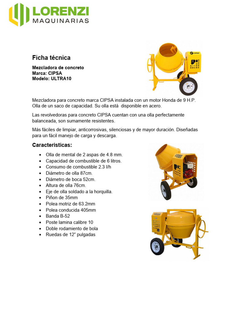 Ficha Tã©cnica MEZCLADORA CIPSA Ultra 10 | PDF