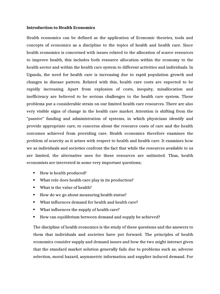 Introduction To Health Economics | PDF | Economics | Health Economics
