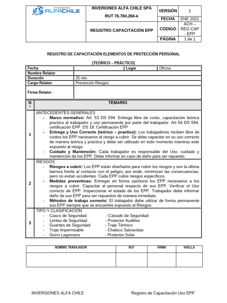 Reg. Capacitacion Uso Epp | PDF